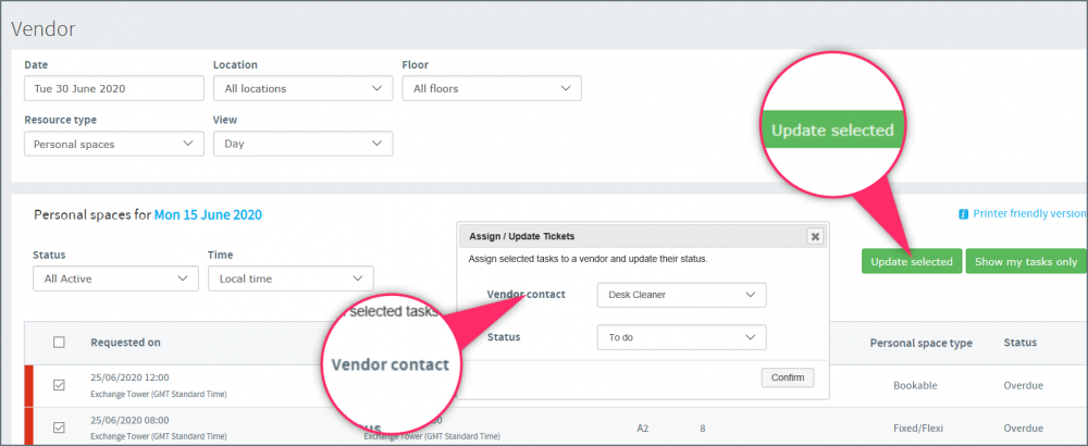 Vendor dashboard for personal spaces